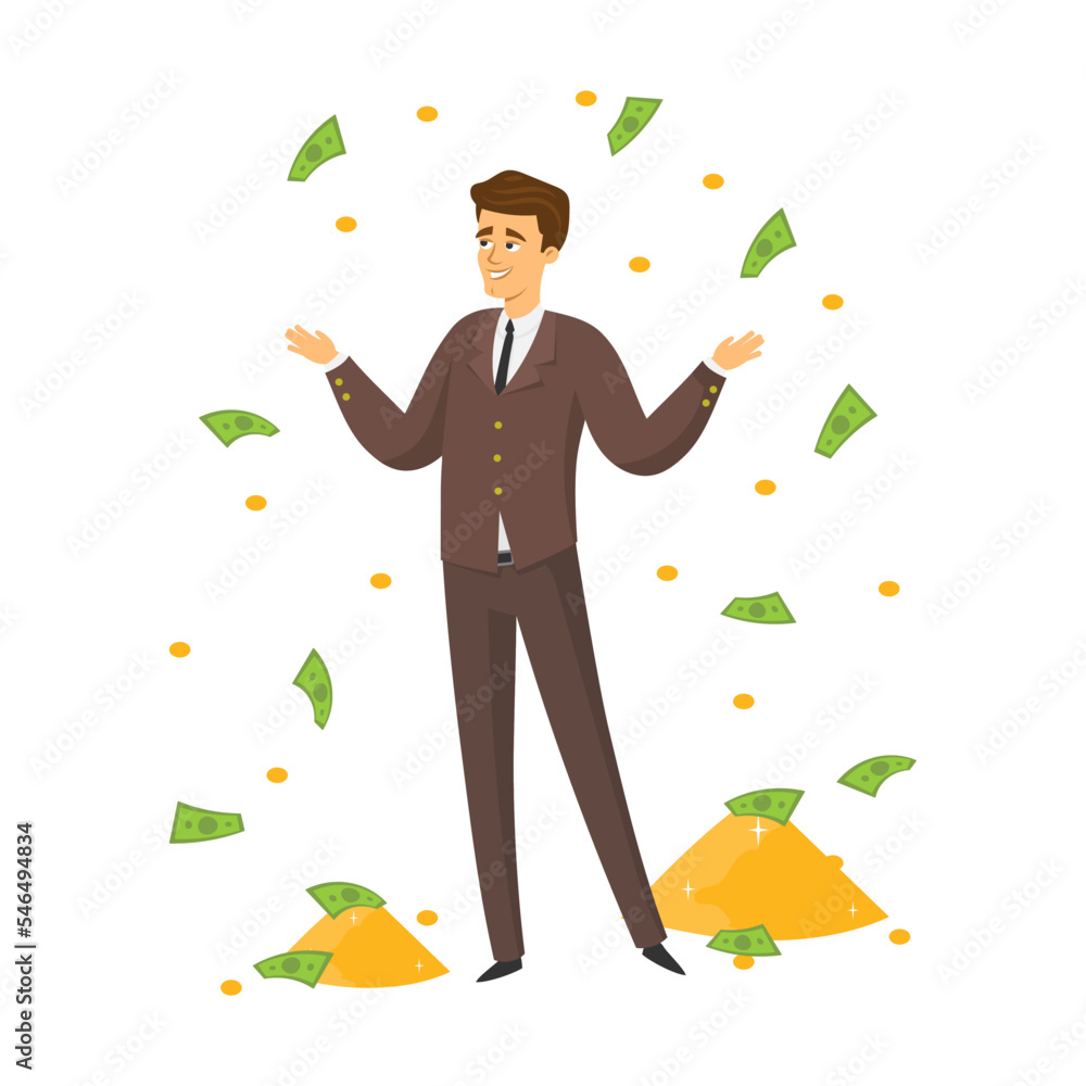 Happy rich man standing near money and holding it. Much money and gold ...