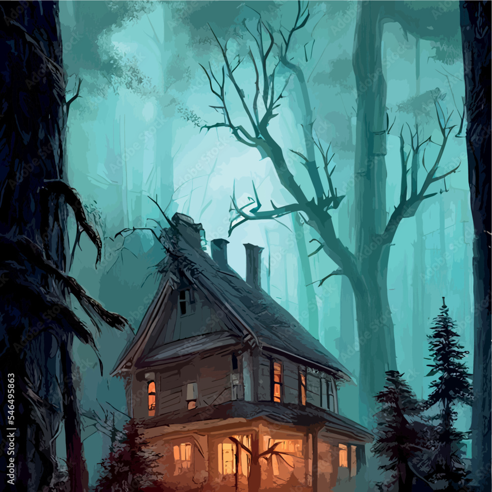 Vector cryptic illustration with house, forests with blue fog ...