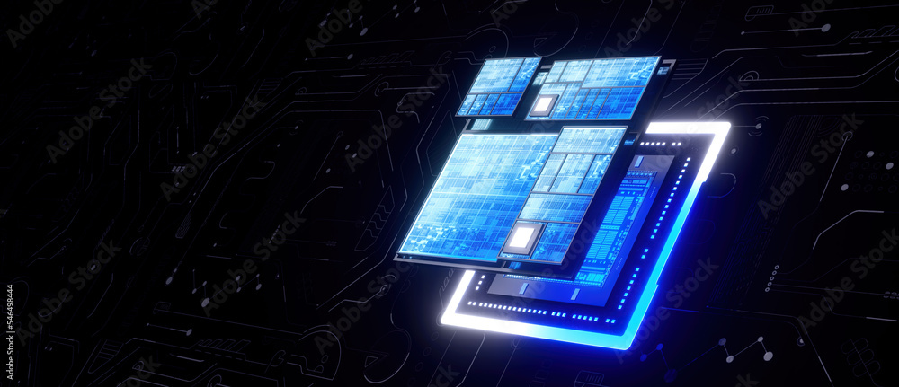 3D rendering of cyberpunk AI. Circuit board. Technology background ...
