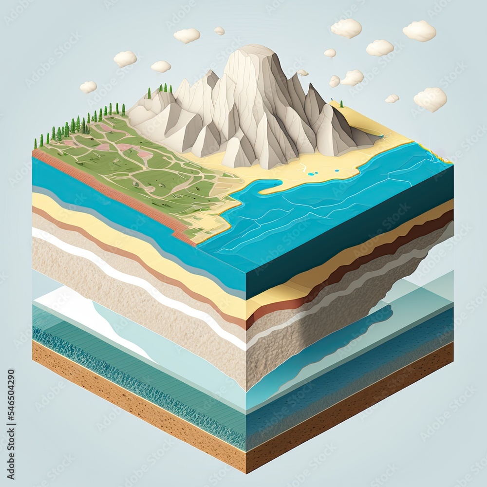 An isolated cutaway of the Earth's geological levels with mountains ...