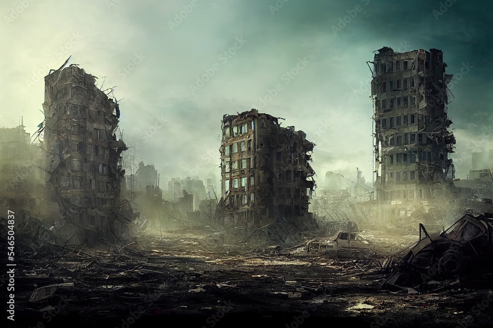 Empty post apocalyptic city landscape. Digital painting of building in ...