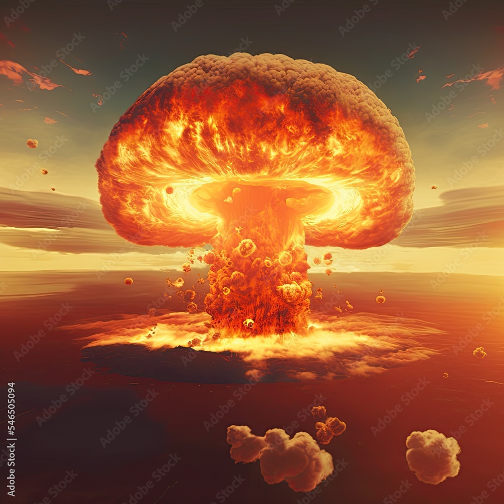 a nuclear explosion in the skyline creating a nuclear fire mushroom ...