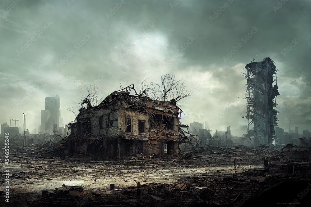 Empty post apocalyptic city landscape. Digital painting of building in ...