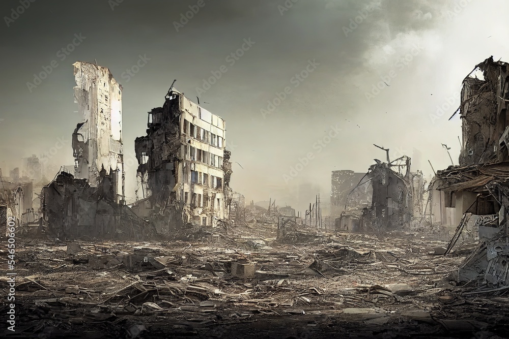 Empty post apocalyptic city landscape. Digital painting of building in ...