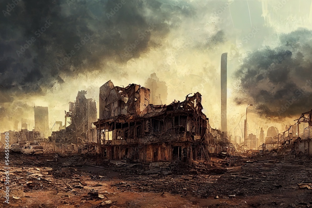 Empty post apocalyptic city landscape. Digital painting of building in ...
