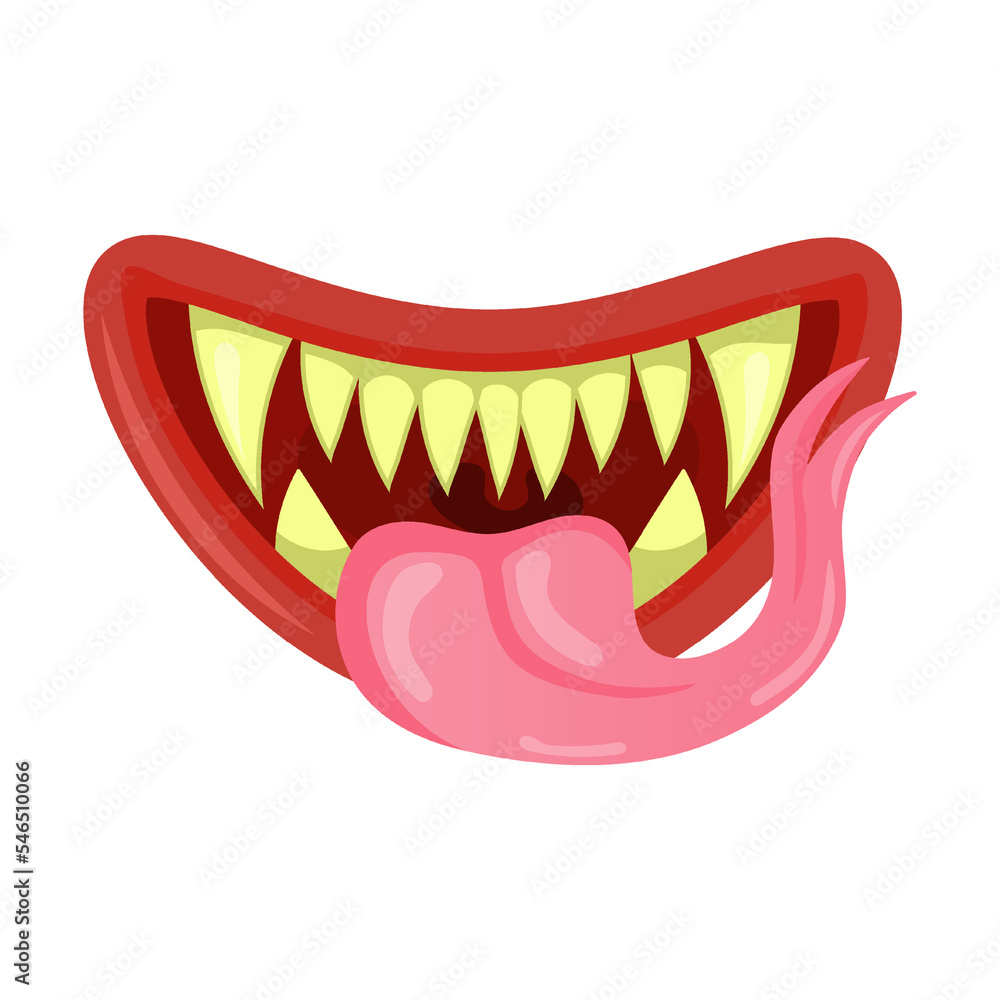 monster mouth sharp fangs and forked tongue, cartoon vector ...