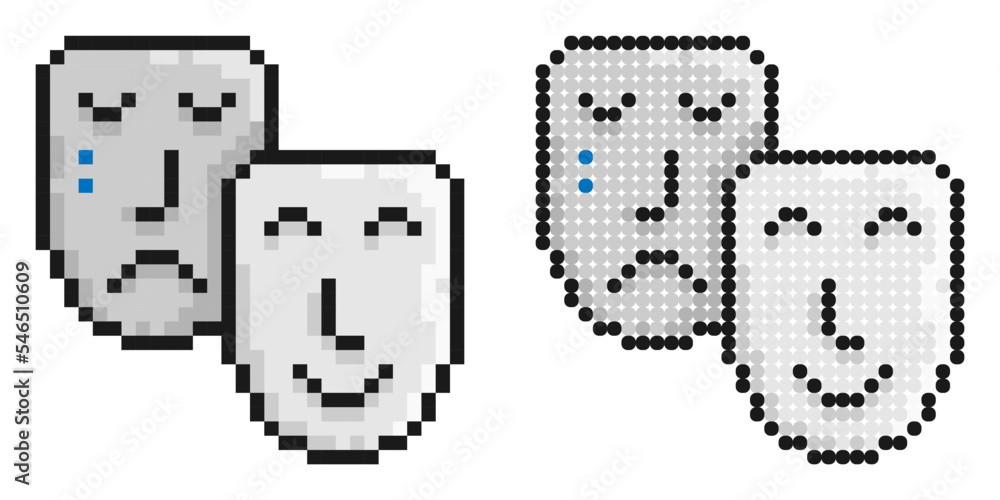 Pixel icon. Comedy and tragic theatrical masks together. Theatrical ...