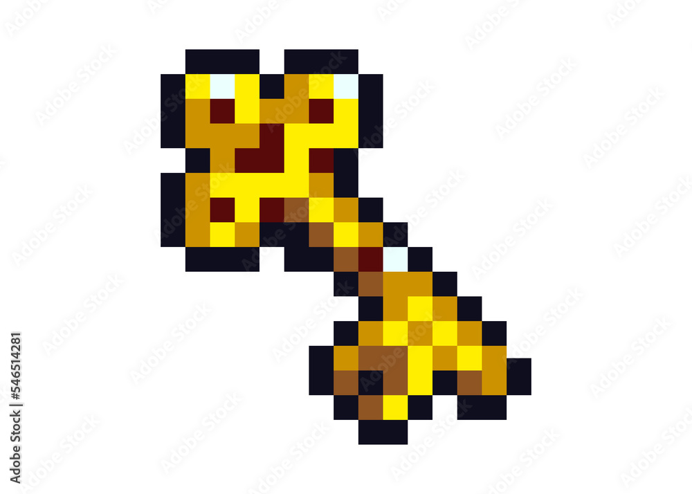 Isolated pixel art of a golden old precious key, antique design. Angled ...