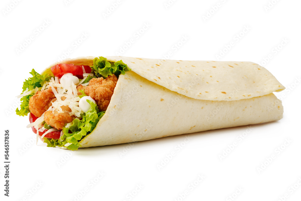 Tortilla wrap with fried chicken meat and vegetables isolated on white ...