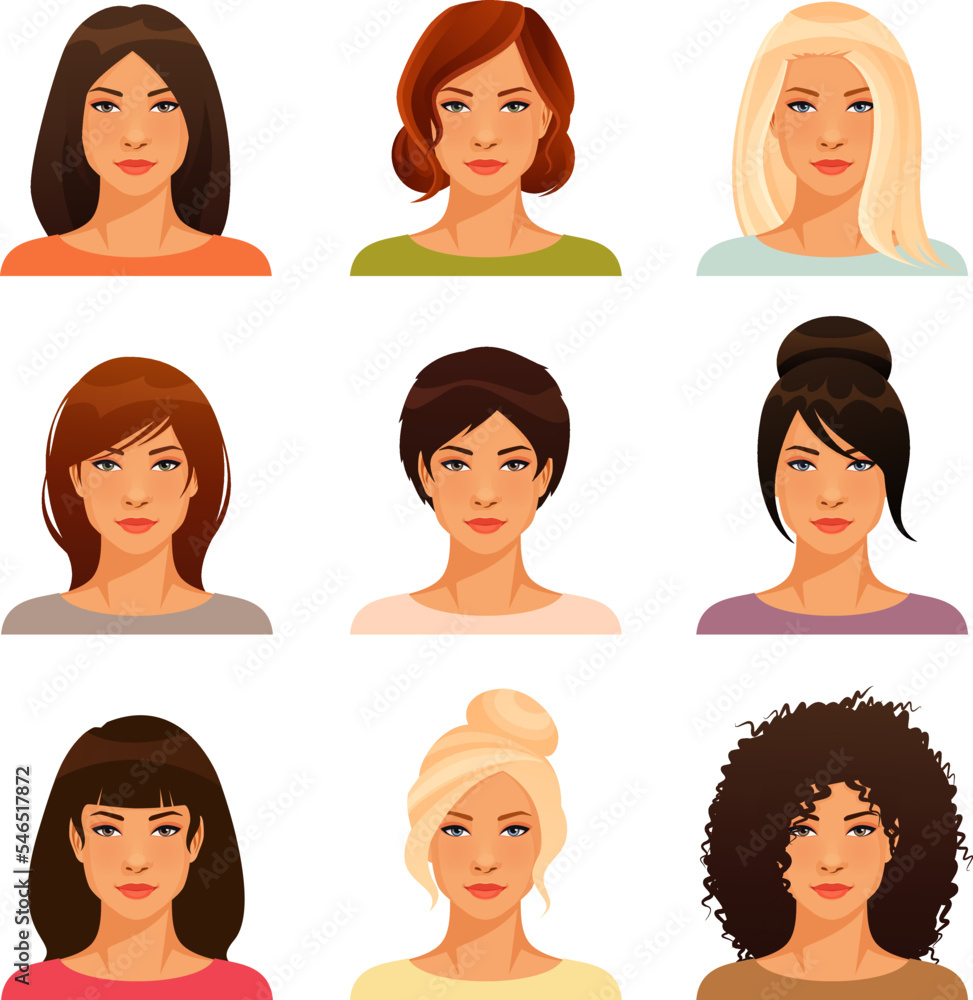 cartoon portraits of a beautiful young woman with various hairstyle and ...
