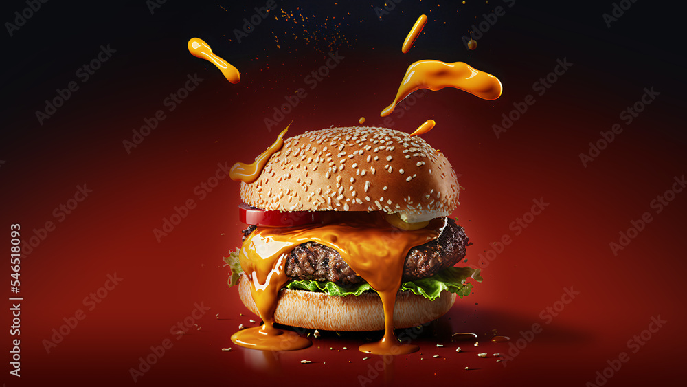 burger with splashing souce, colorful, space for text, wallpaper ...