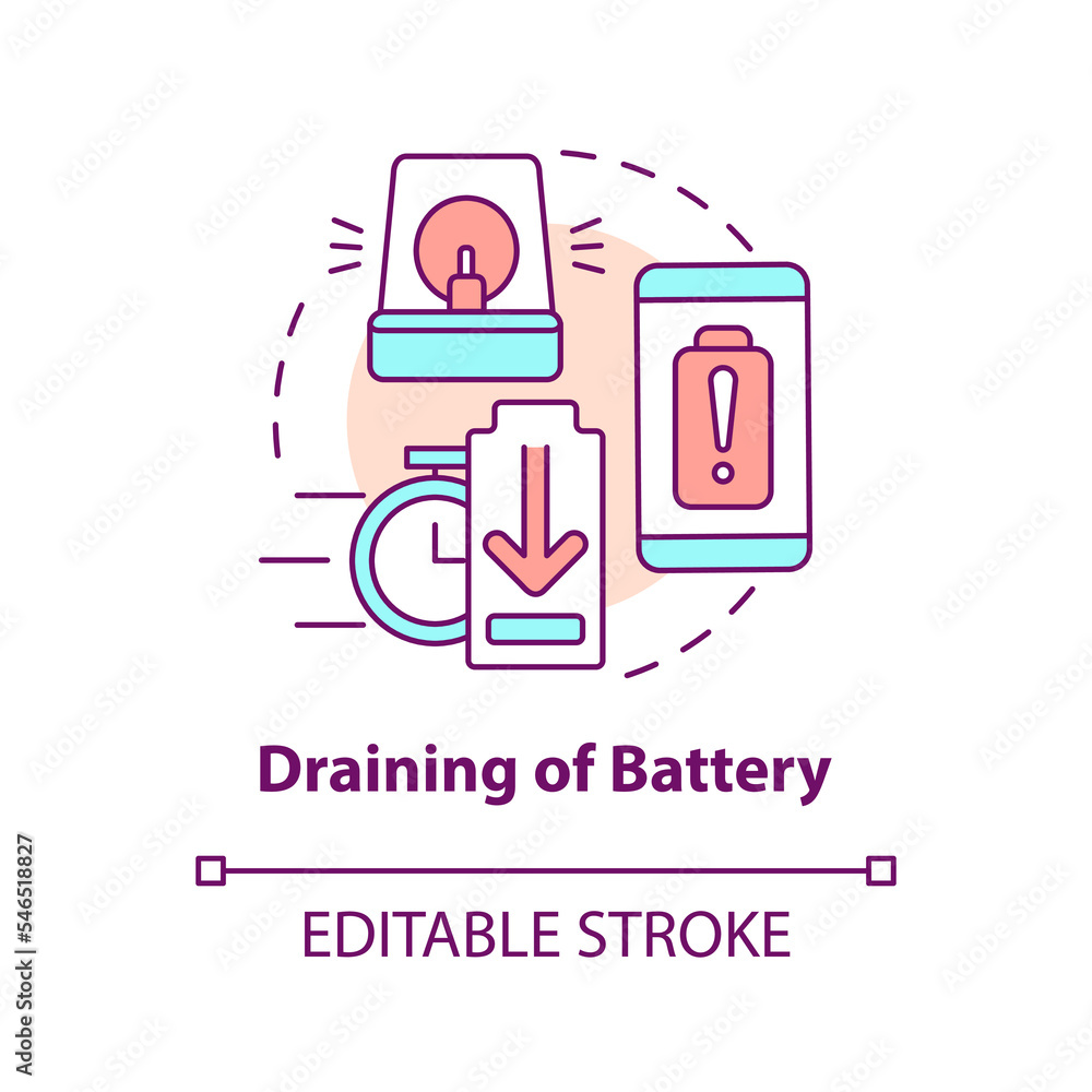 Draining of battery concept icon. Discharging phone reason. Low device ...