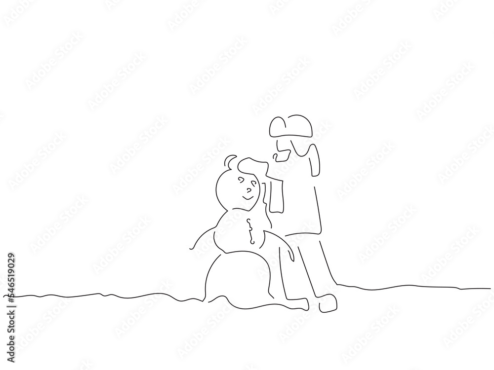 Kid making a snowman in line art drawing style. Composition of a winter ...