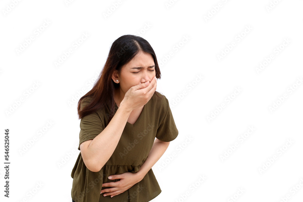 Beautiful young asian woman suffers from nausea and vomiting. Health problem. Isolated on white ...