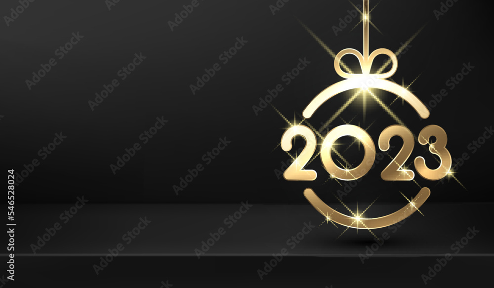 2023 sign in christmas bauble on black background with empty podium ...