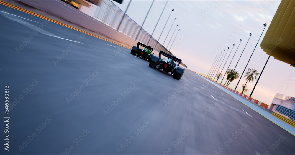 Two Race Cars Driving on Winding Race Track to the Finish Line. Dynamic ...