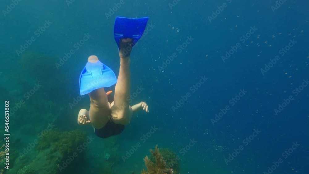 POV following a female free diver with blue flippers going to the ...