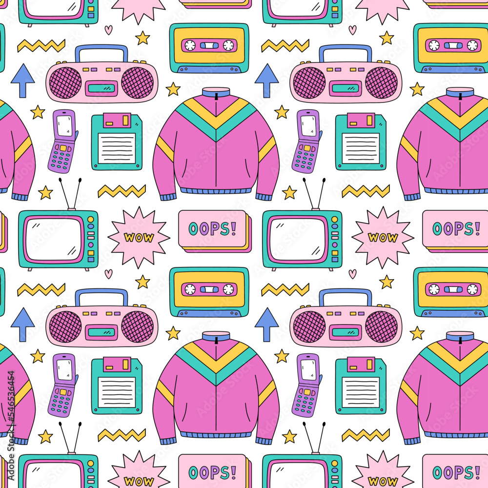 Bright seamless pattern with items from the nineties - retro cassette ...