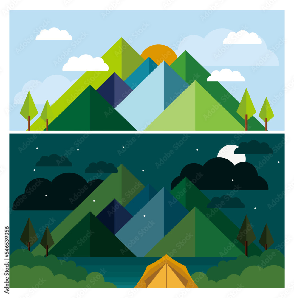Modern minimalist vector image of mountain landscape during day and ...