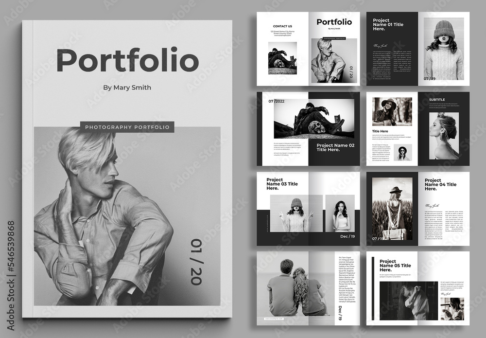 Black Portfolio Layout With Black Accent Stock Template | Adobe Stock