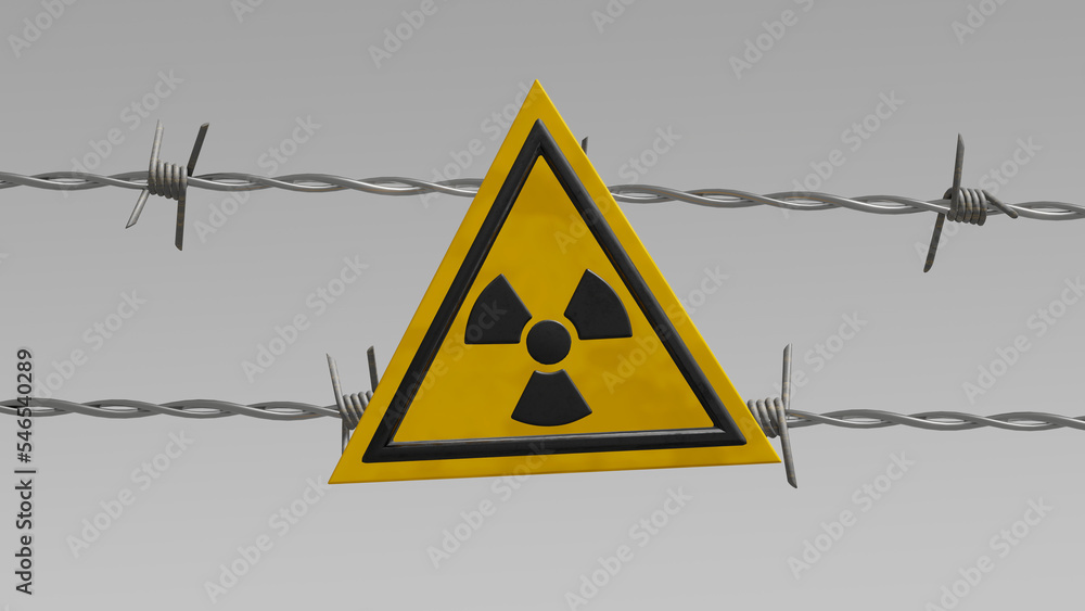 3d render of barbed wire fence and radiation sign. Background concept ...