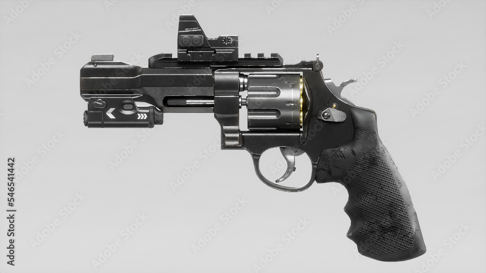 3d render of a black American revolver with a red dot sight and a ...