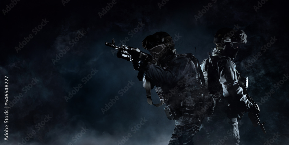 special forces units fighter. shield. Black background. The concept of ...