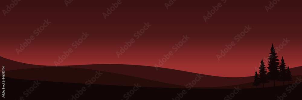 Poster sunrise at mountain with pine tree silhouette flat design vector ...