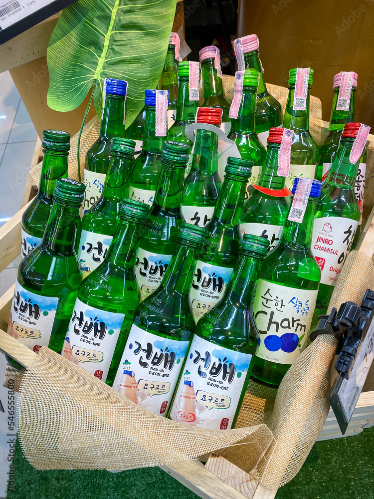 Prachinburi Thailand - 15 Nov 2022: Many brand of Soju on shelf for ...