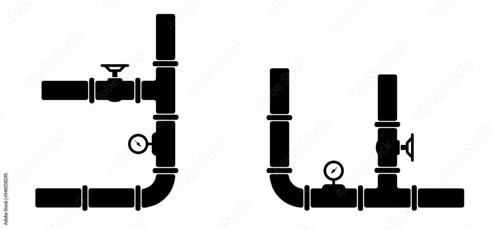 Water, oil or gas pipeline with fittings and valves. Pipeline and black ...