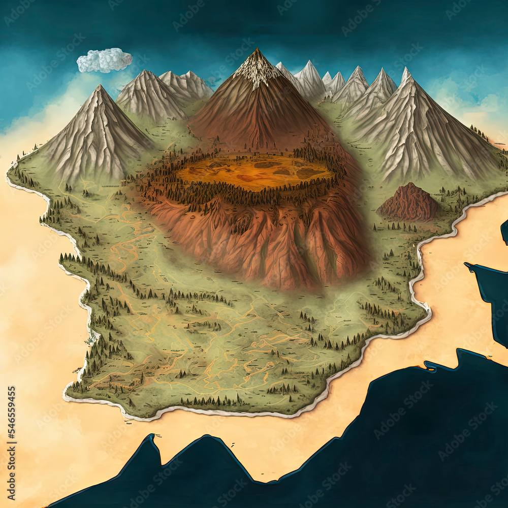 Huge fantasy world map with a volcano and a forest Stock Illustration ...