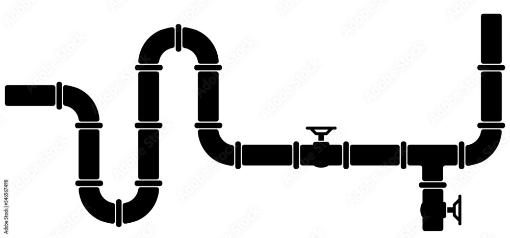 Water, oil or gas pipeline with fittings and valves. Pipeline and black ...