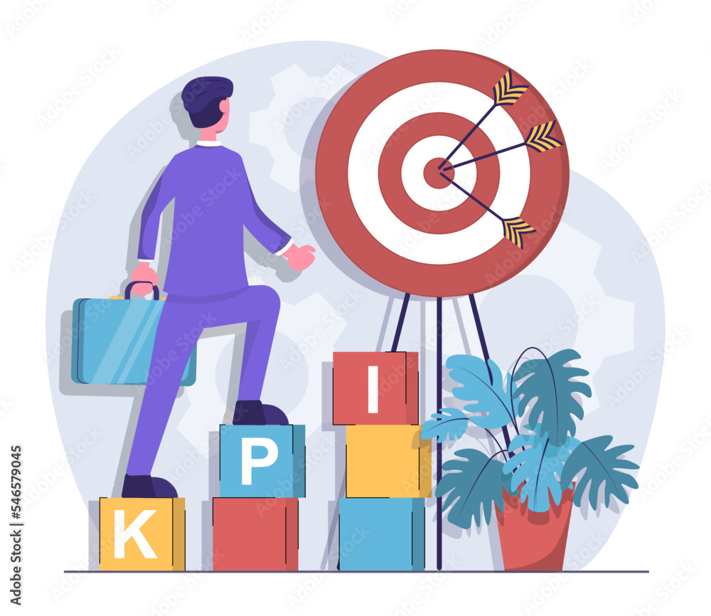 Key performance indicators. Businessman goes to the goal by the KPI ...