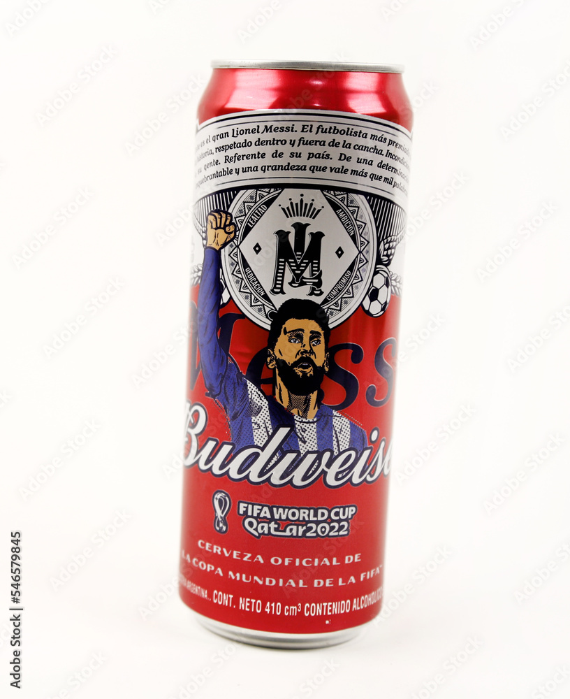 Budweiser beer can. FIFA World Cup Qatar 2022 edition with the figure ...