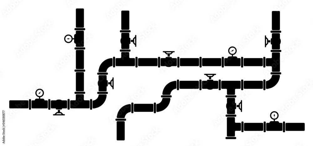Water, oil or gas pipeline with fittings and valves. Pipeline and black ...