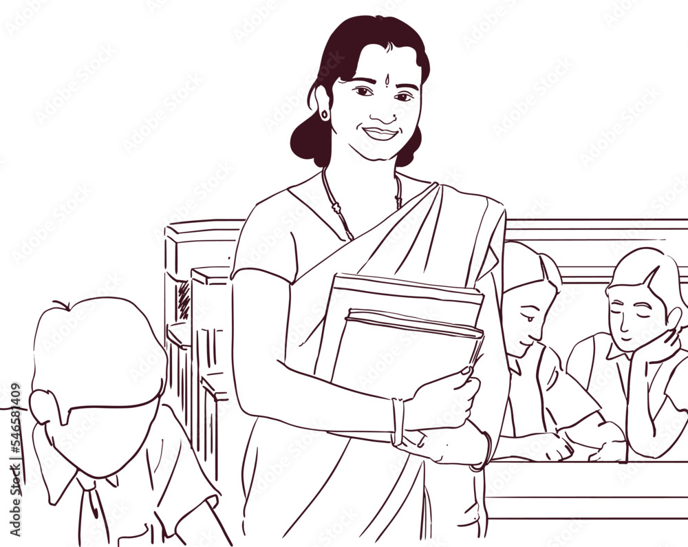 outline of Rural indian teacher standing in class, smiling and ...