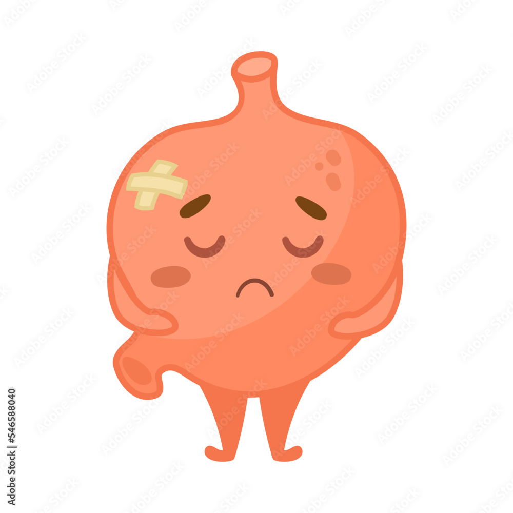 Sad stomach character with bandage cartoon illustration. Sick human ...
