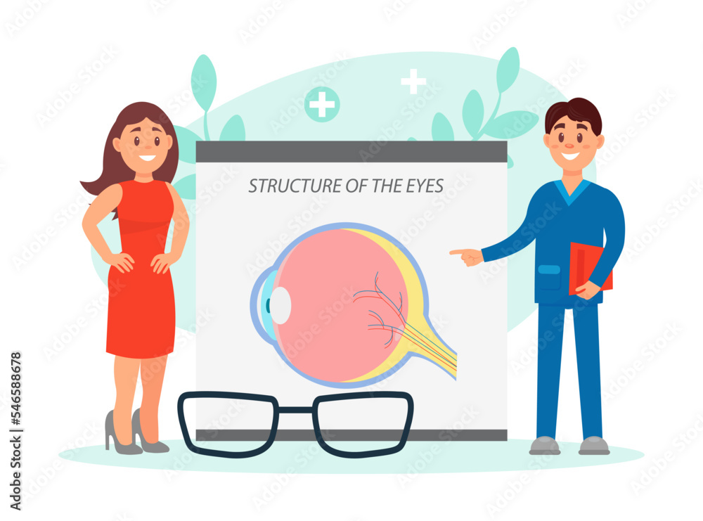 Ophthalmologist doctor explaining structure of eye to patient ...