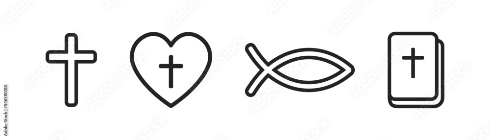 Christian symbols outline icon set on white background. Signs of Bible ...