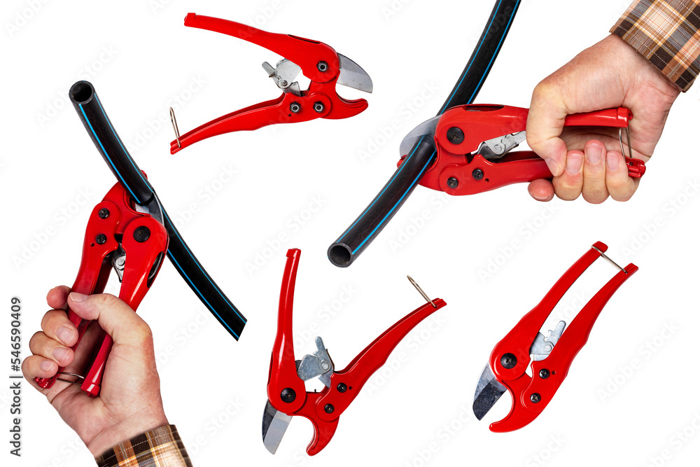 Plumbing tools isolated. Collage set of different views of a red pvc ...