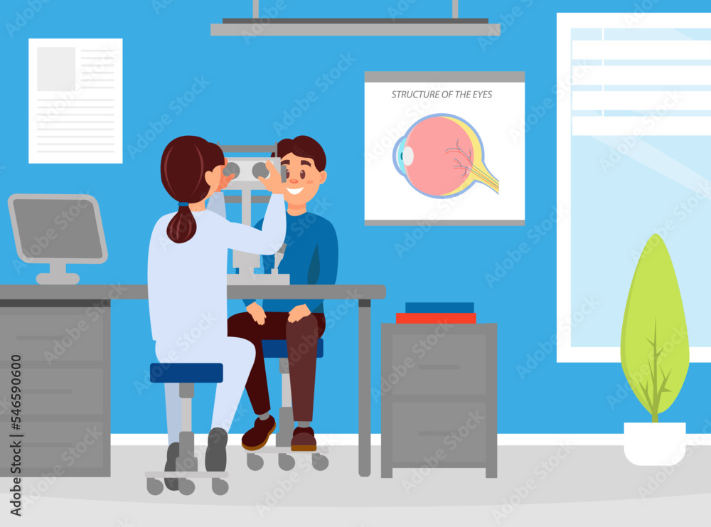 Ophthalmologist doctor checking eyesight of patient eye test machine ...