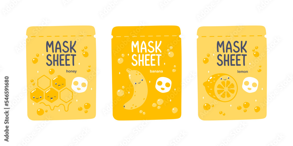 Cute vector face mask sheet packaging design with honey, banana, lemon ...