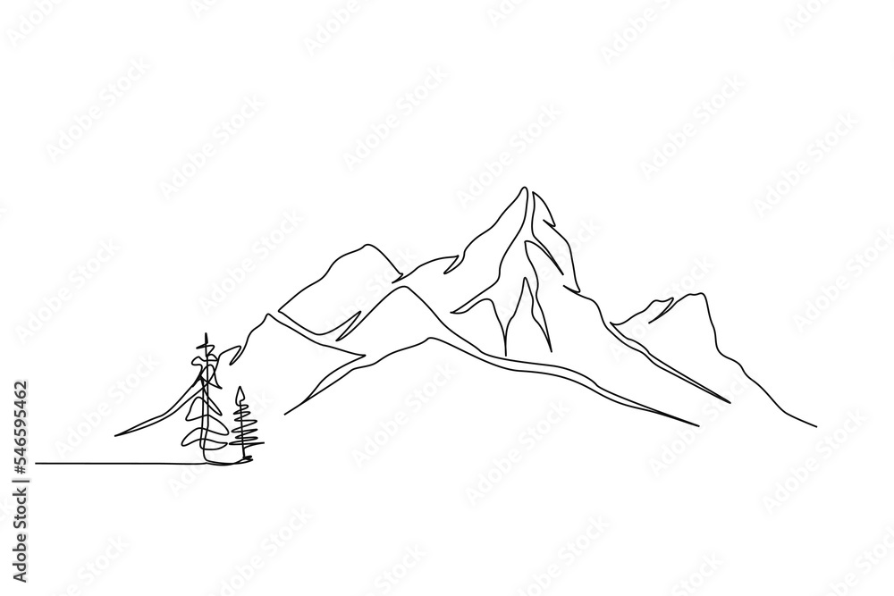 Continuous one line drawing of mountain landscape. High mounts peak ...