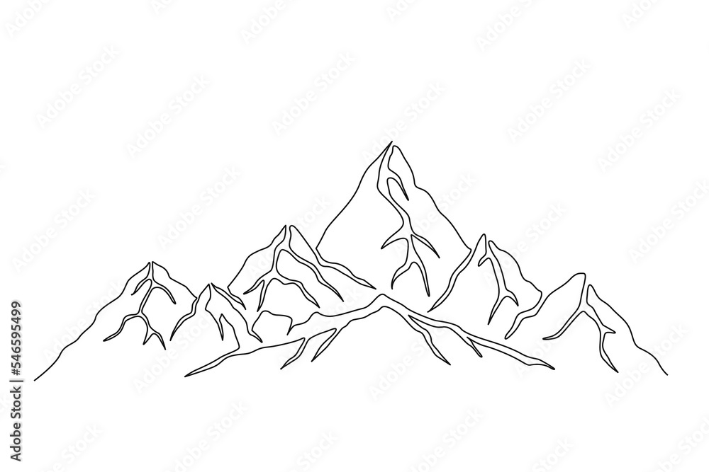 Continuous one line drawing of mountain landscape. High mounts peak ...