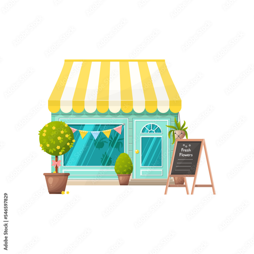 Flower shop vector illustration. Cartoon drawing of plants in pots and ...