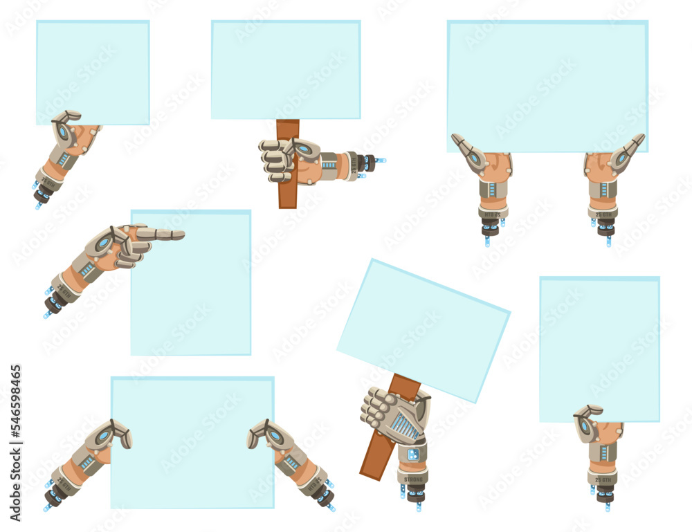 Robot hands holding white sign board set. Vector illustrations of ...