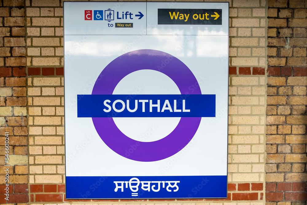 London- Southall station sign on the Elizabeth Line platform- West ...