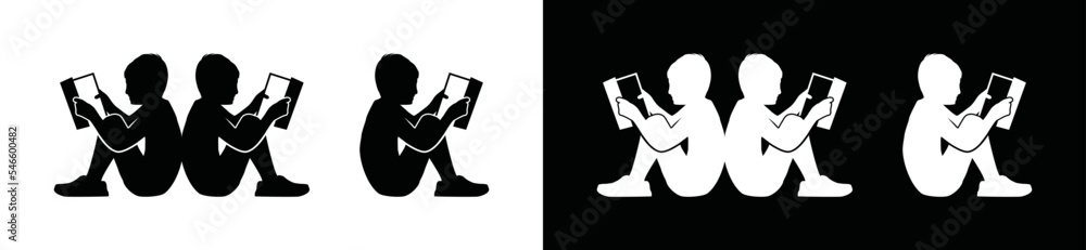 Children reading book logo design vector illustration. Boy sitting ...