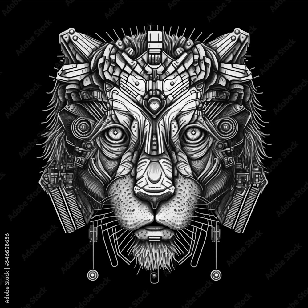 Cyborg lion head in greyscale color, mecha helmet, cyberpunk lion ...
