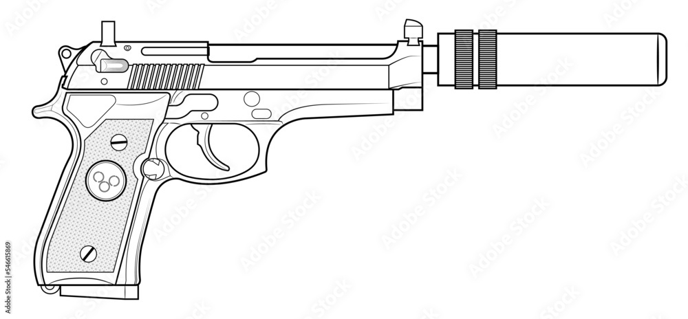 Vector illustration of the Beretta M92 automatic pistol with silencer ...